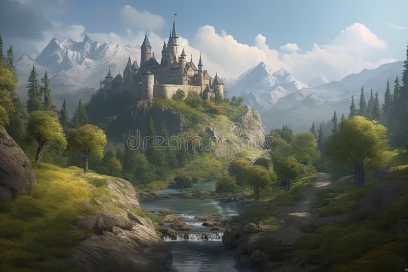 The Forest and Castle. Mountain and River Stock Illustration ...