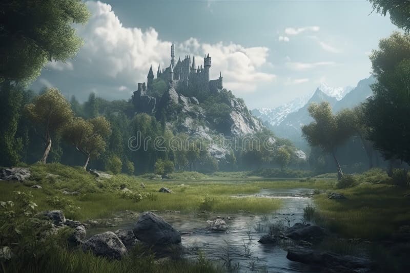 The Forest and Castle. Mountain and River Stock Illustration ...