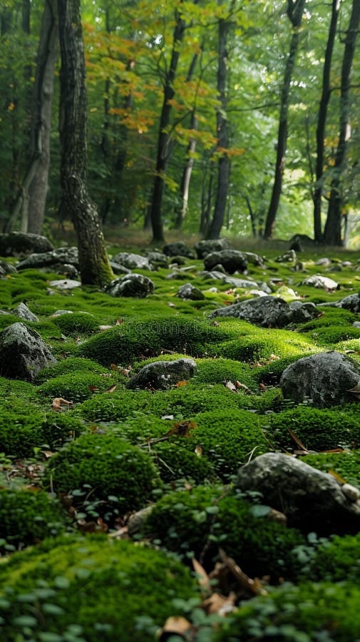 Forest Clearing Covered in Moss and Rocks Stock Illustration ...