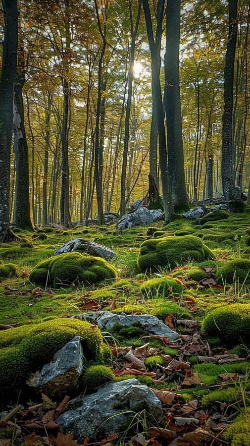 Forest Clearing Covered in Moss and Rocks Stock Illustration ...