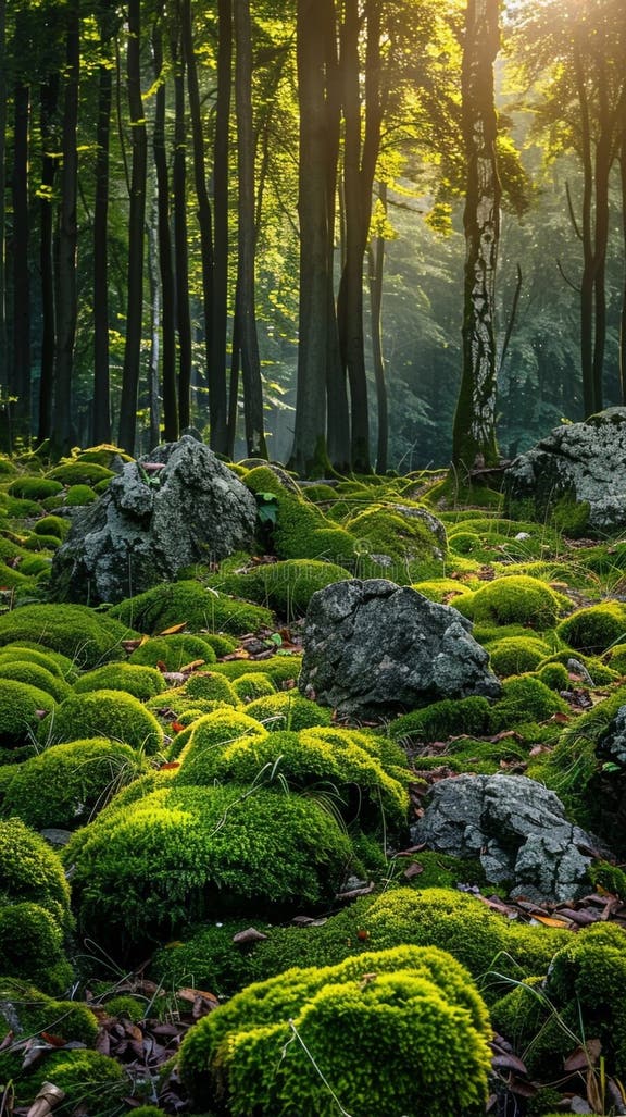 Forest Clearing Covered in Moss and Rocks Stock Illustration ...