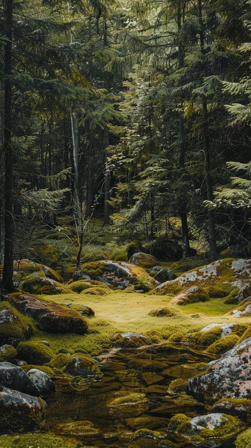 Forest Clearing Covered in Moss and Rocks Stock Illustration ...