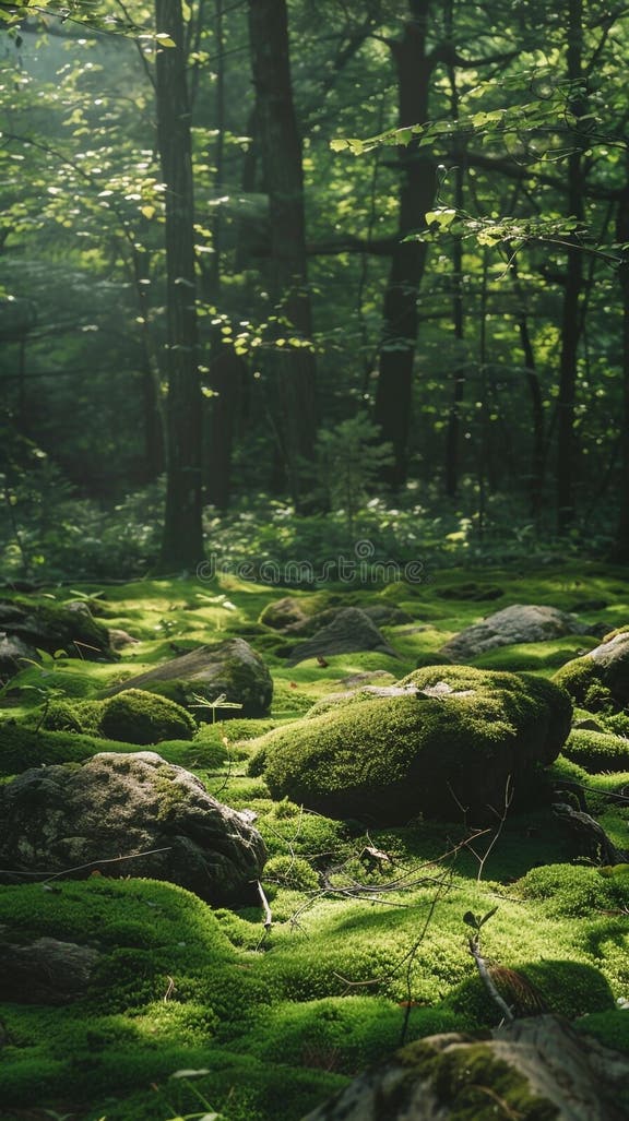 Forest Clearing Covered in Moss and Rocks Stock Illustration ...