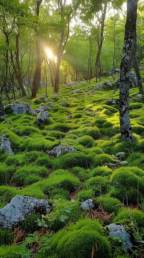 Forest Clearing Covered in Moss and Rocks Stock Illustration ...