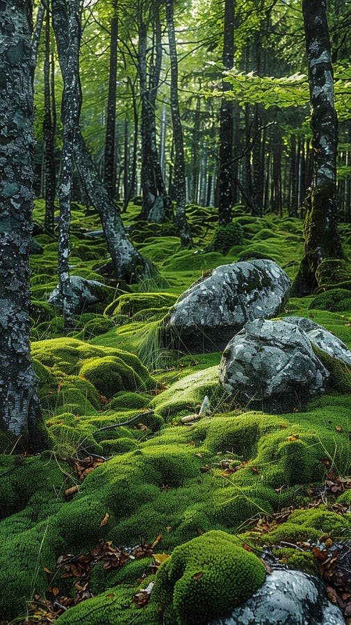 Forest Clearing Covered in Moss and Rocks Stock Illustration ...