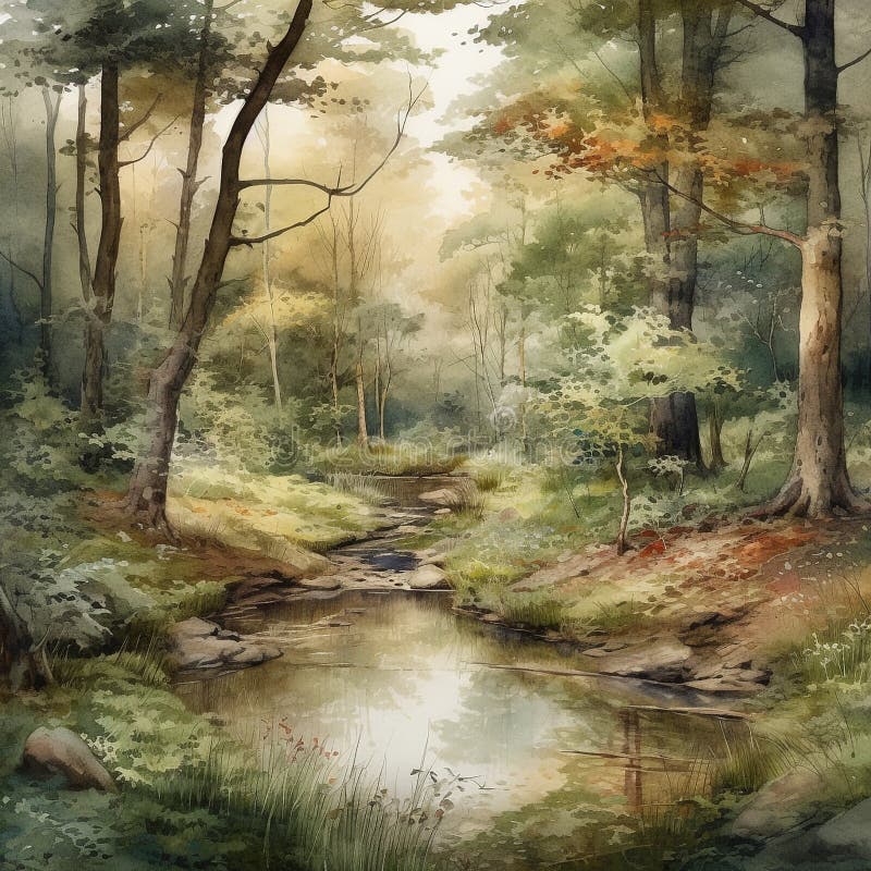 Forest Clearing with a Small Pond Stock Illustration - Illustration of ...