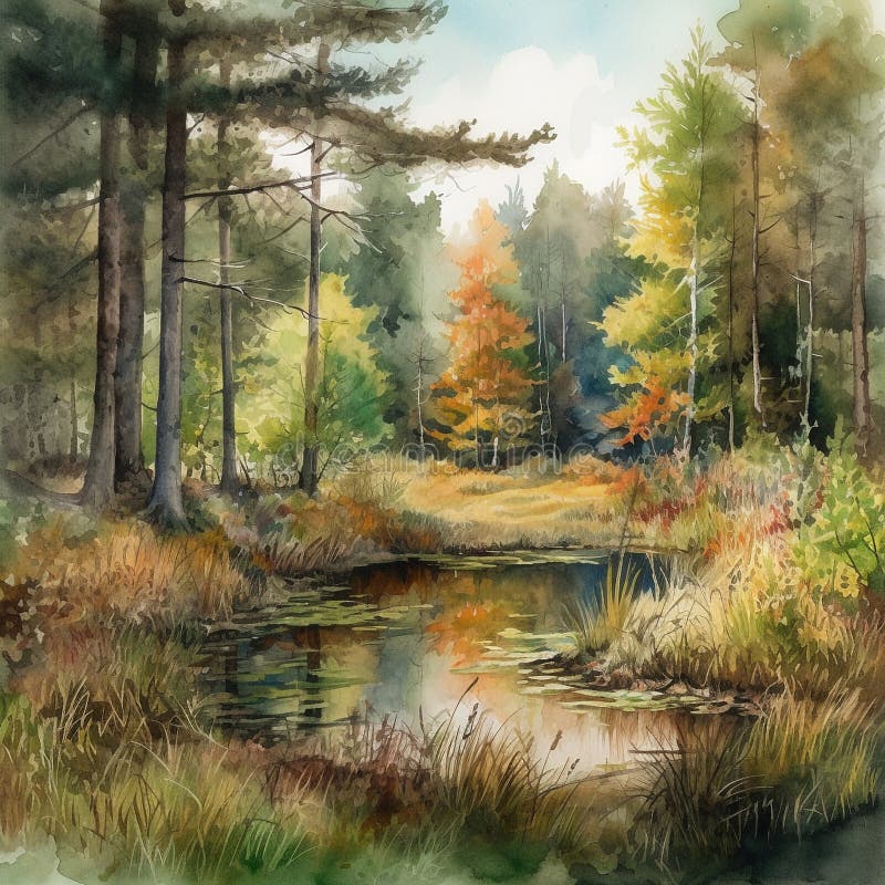 Forest Clearing with a Small Pond Stock Illustration - Illustration of ...