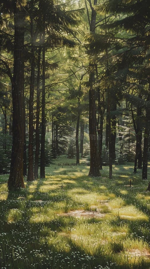 Forest Clearing Sunlight Filtering through Trees Stock Illustration ...