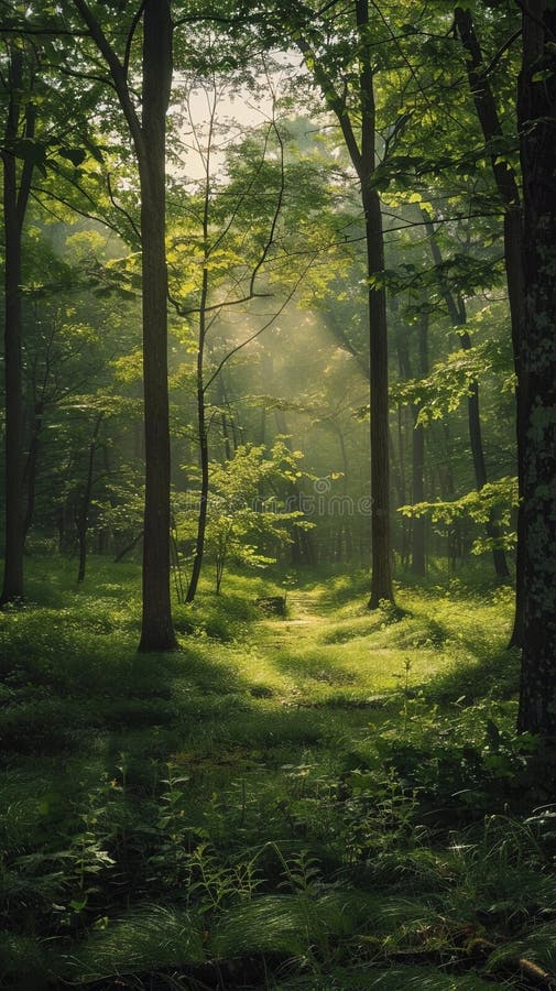 Forest Clearing Sunlight Filtering through Trees Stock Illustration ...