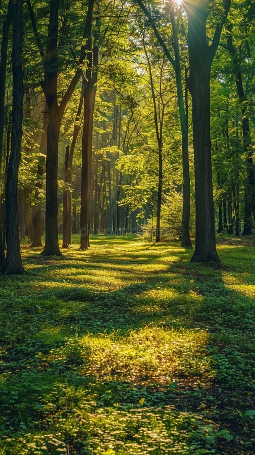 Forest Clearing Sunlight Filtering through Trees Stock Illustration ...