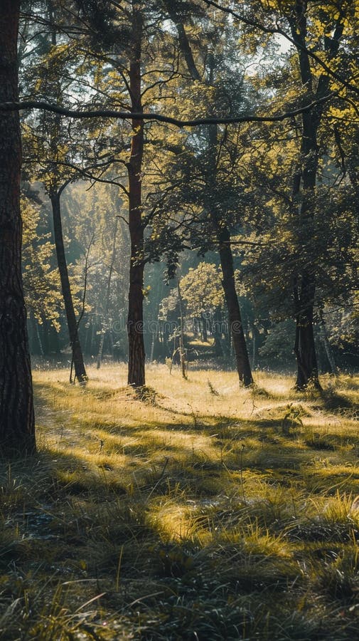 Forest Clearing Sunlight Filtering through Trees Stock Illustration ...