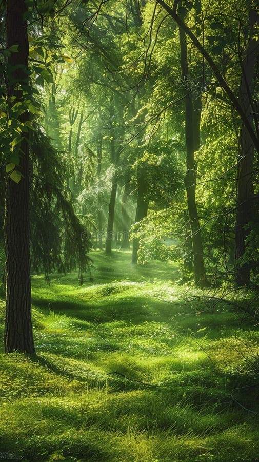 Forest Clearing Sunlight Filtering through Trees Stock Illustration ...