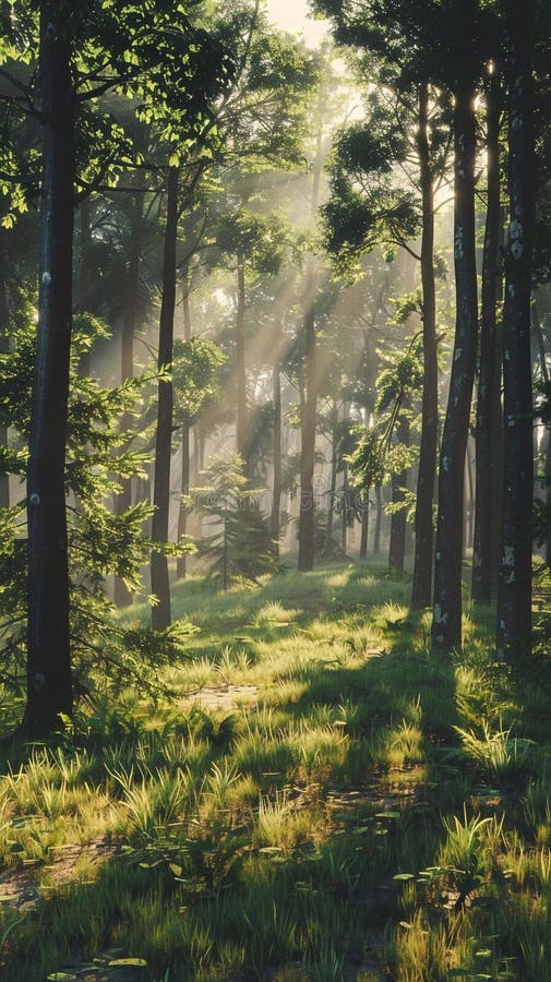 Forest Clearing Sunlight Filtering through Trees Stock Illustration ...
