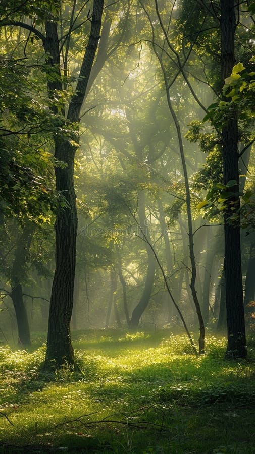 Forest Clearing Sunlight Filtering through Trees Stock Illustration ...