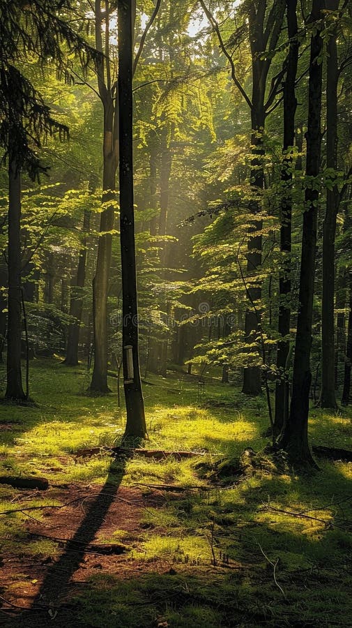 Forest Clearing Sunlight Filtering through Trees Stock Illustration ...