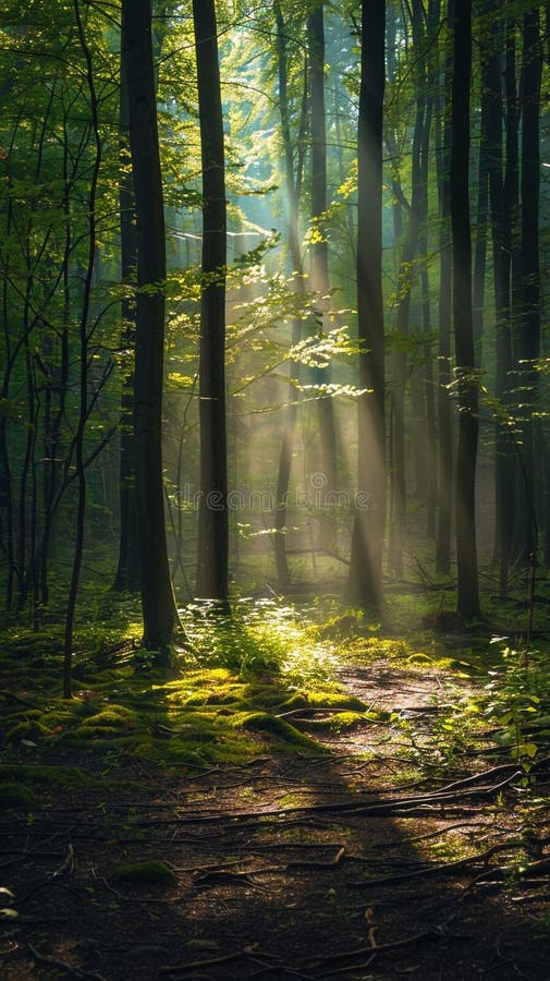 Forest Clearing Sunlight Filtering through Trees Stock Illustration ...