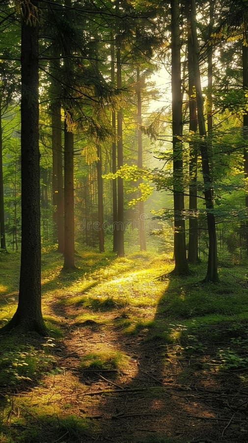 Forest Clearing Sunlight Filtering through Trees Stock Illustration ...