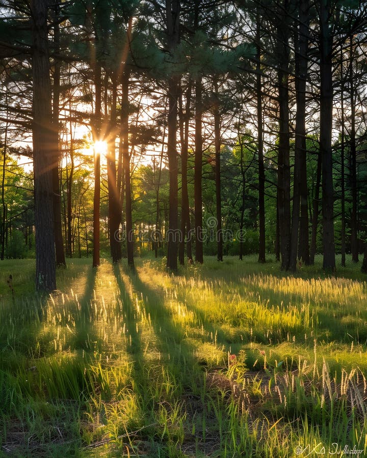 Sunset Sunbeams through Pine Forest Clearing Stock Illustration ...