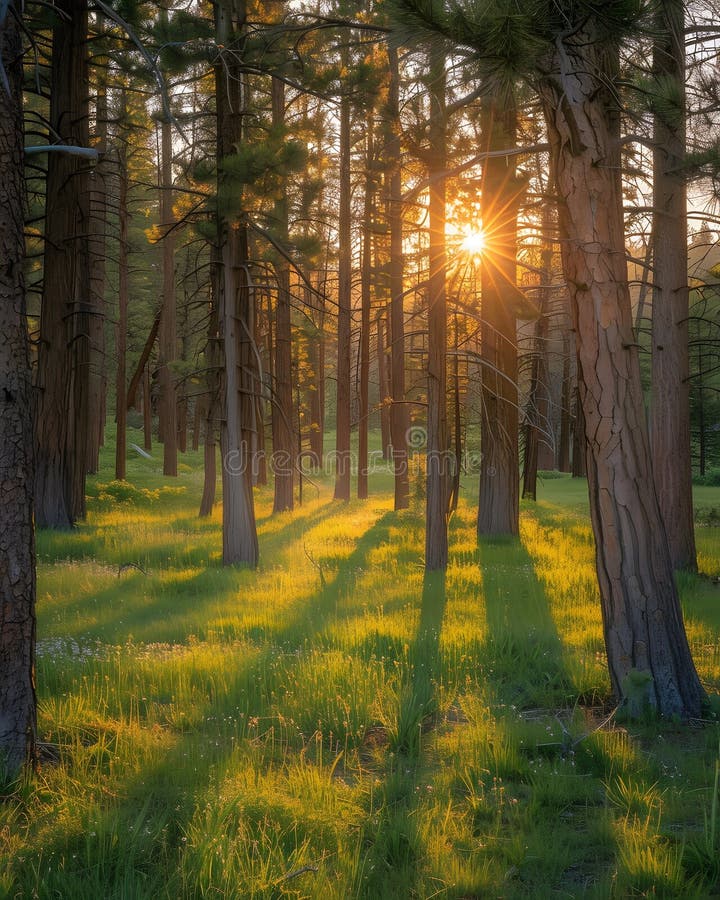 Golden Sunset through Pine Forest Clearing Stock Illustration ...