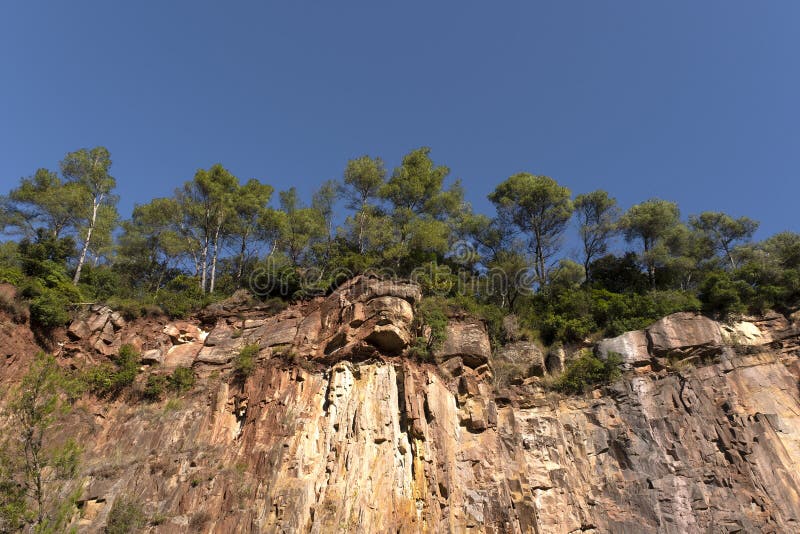 Forest and Cliff Edge Against a Blue Sky. Nature Background with Empty ...