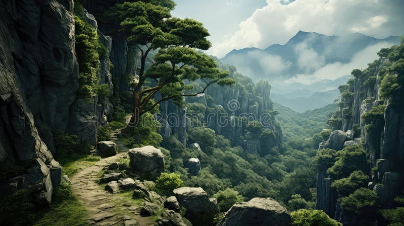 Forest cliff tree stock illustration. Illustration of greenery - 360893325