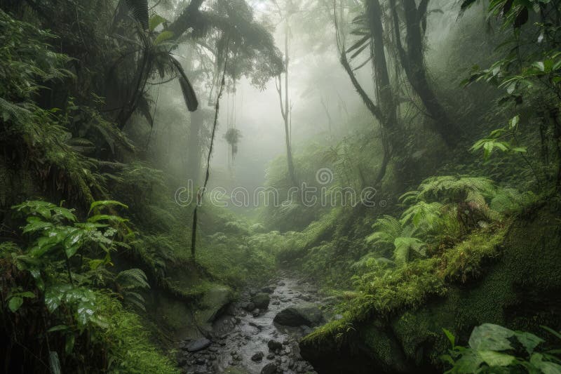 Forest in Cloud Forest, Surrounded by Mist and Waterfalls Stock ...