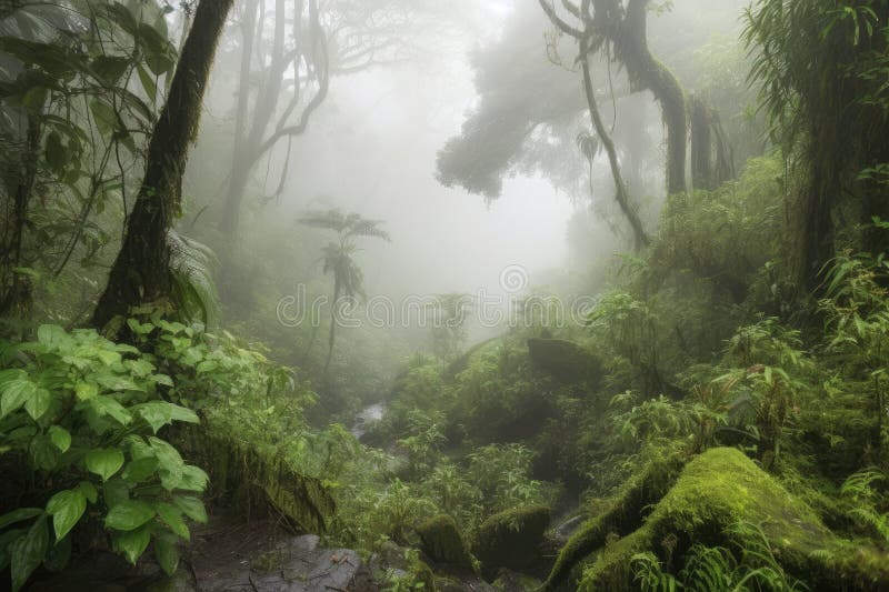 Forest in Cloud Forest, Surrounded by Mist and Waterfalls Stock ...