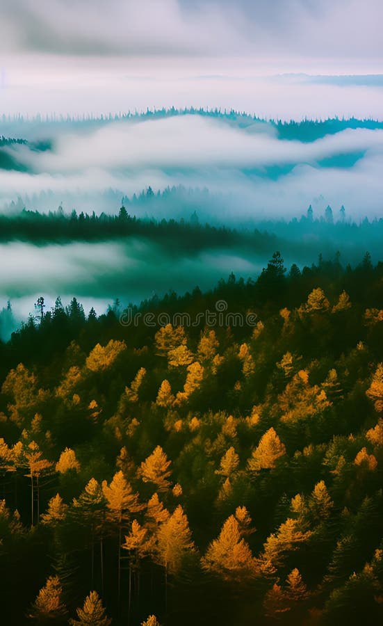 Forest with Clouds and Fog in the Morning 3 Stock Illustration ...
