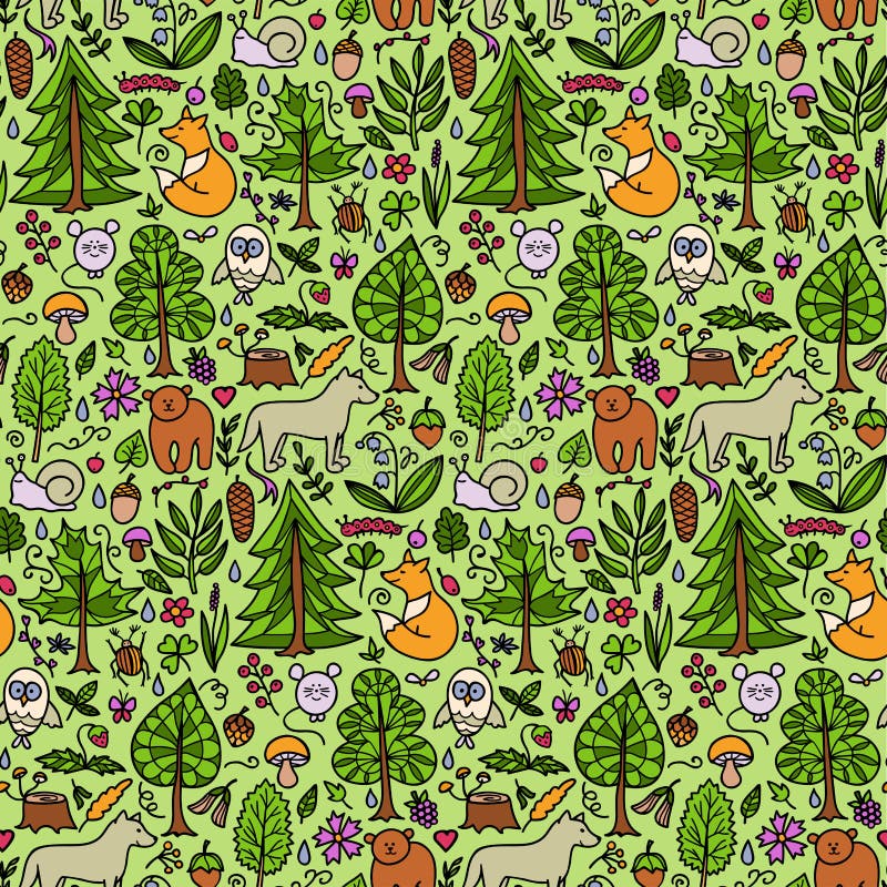 Forest Seamless Pattern with Cute Animals. Stock Vector - Illustration ...