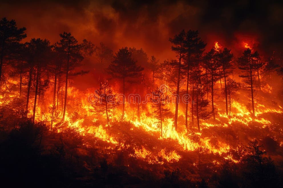 A Forest is Consumed by the Flames of a Wildfire, with Trees and ...