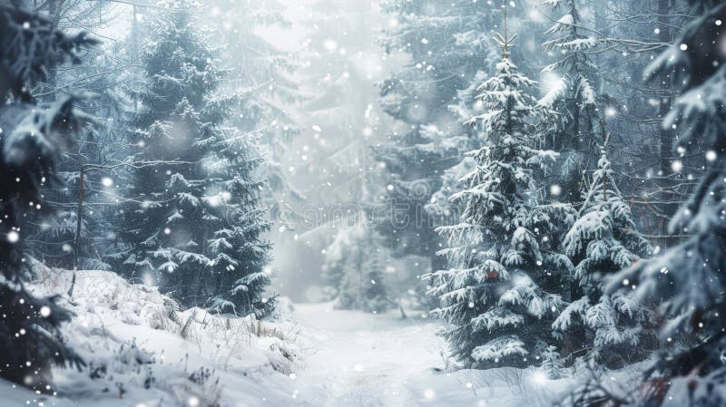 Snowy Forest with Falling Snow Stock Image - Image of forest, trees ...