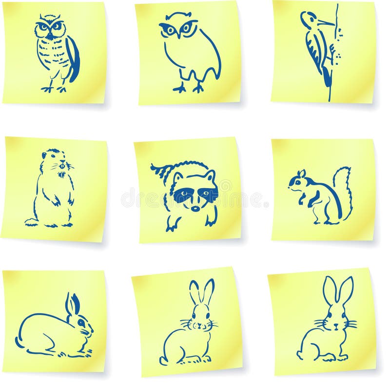 Forest Creatures Drawings on Post it Notes Stock Illustration ...