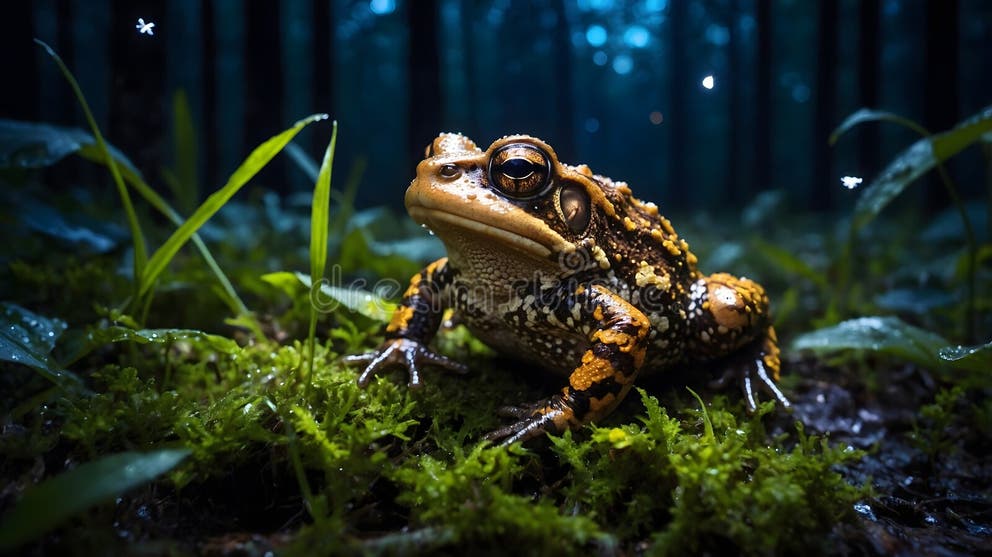 Forest after Dark: Common Toad Resting on Damp Ground with Firefly Glow ...