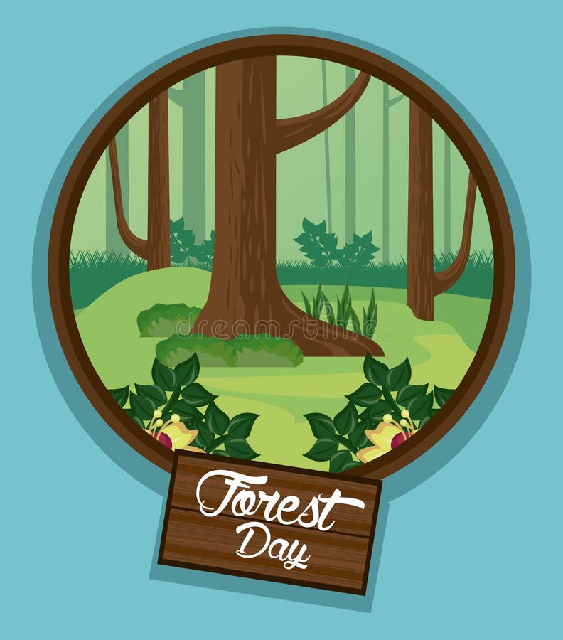 Forest Day Landscape with Wooden Label in Circular Frame Stock Vector ...