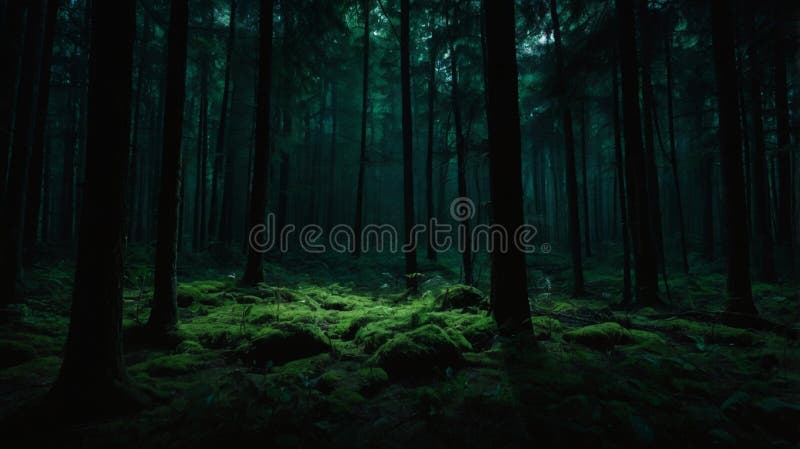 Forest with Deep Dark Night with Fog and Trees Stock Image - Image of ...