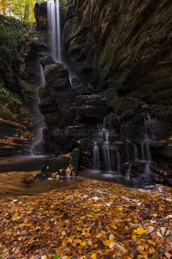 A Forest-deep Waterfall and Orange Leaves Stock Image - Image of water ...
