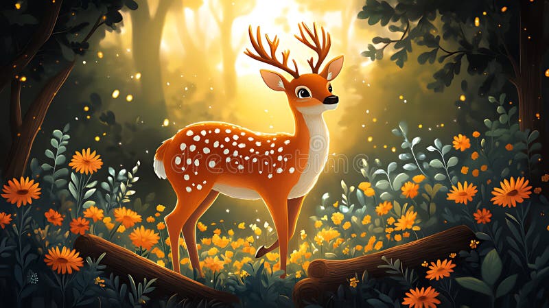 Forest Deer Sunset Meadow Illustration Stock Illustration ...