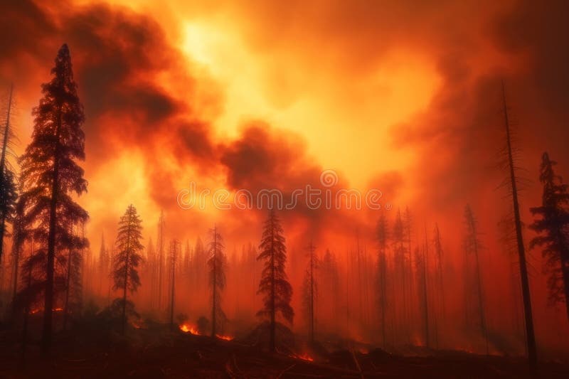 Forest Destroyed by Wildfire Under a Fiery Red Sky. Generative AI ...