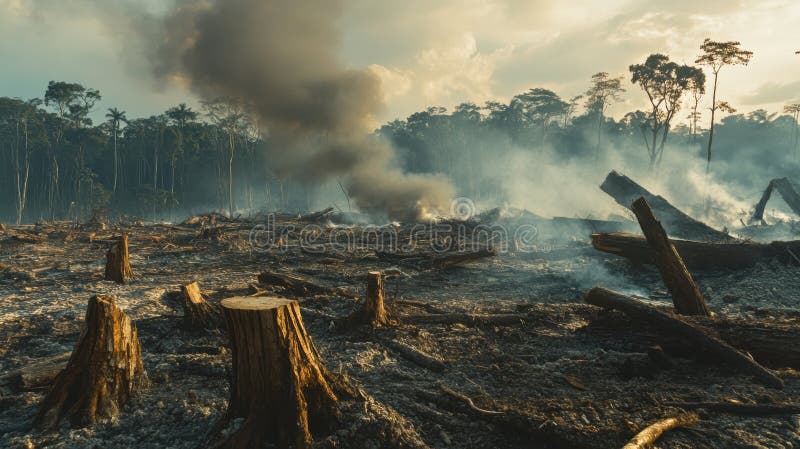 Forest Devastated by Illegal Logging with Tree Stumps and Smoke ...