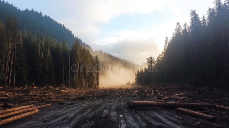 Forest Devastation from Logging Shows Scattered Logs and Broken Trees ...
