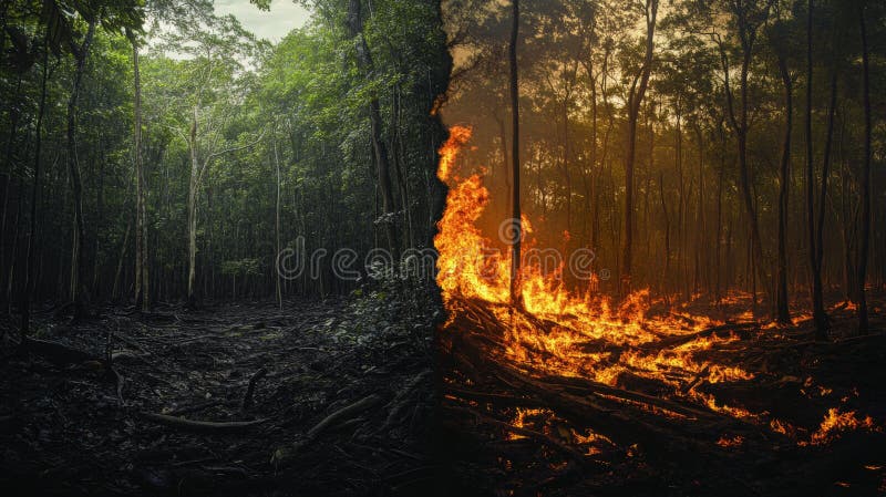A Forest Divided by Fire, Green on One Side, Burning on the Other Stock ...