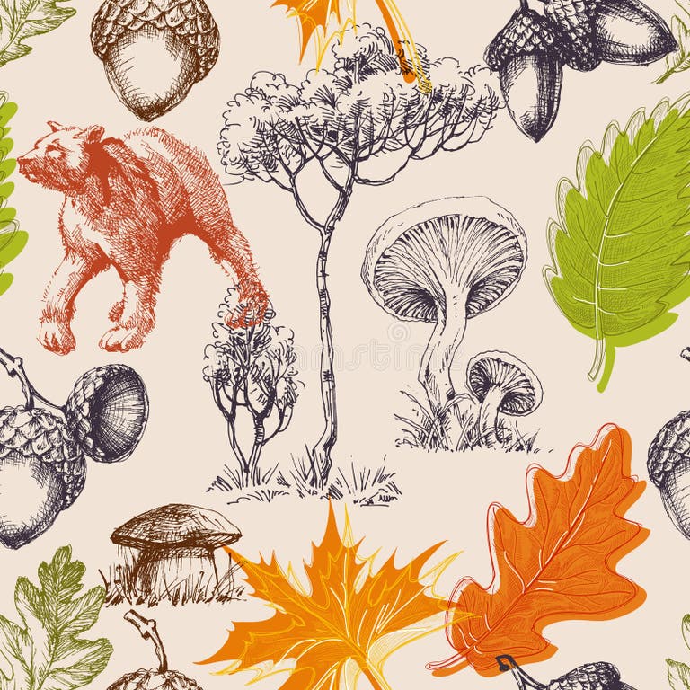 Forest Doodles Seamless Pattern Stock Vector - Illustration of drawn ...