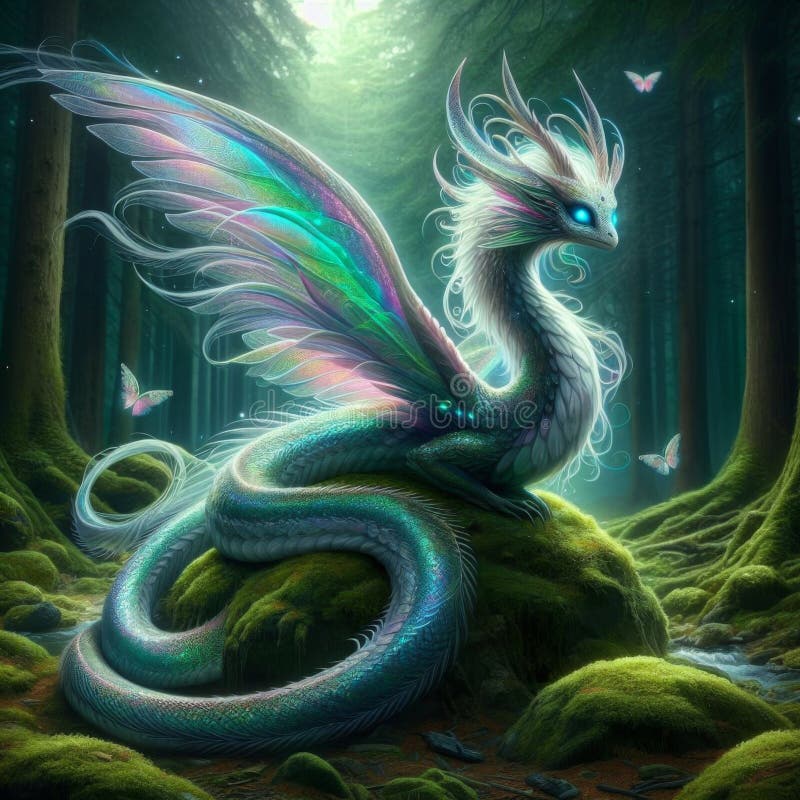 Forest Dragon with a Long Tail on a Stone Stock Illustration ...