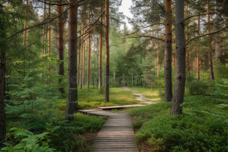 Forest with Duckboards Path and Evergreen Trees Stock Illustration ...