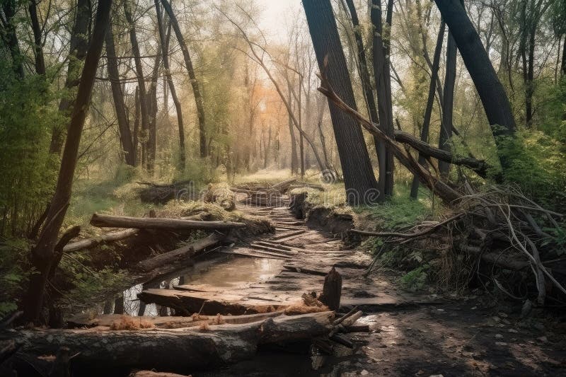 Forest with Duckboards Path and Fallen Tree Branches Stock Illustration ...