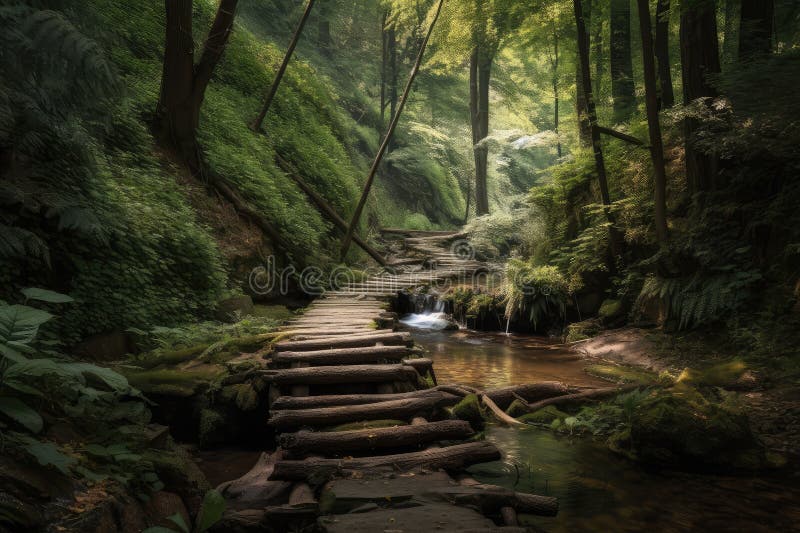 Forest with Duckboards Path and Hidden Waterfall Stock Illustration ...