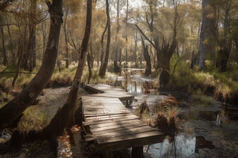 Forest with Duckboards Path Leading To Hidden Lagoon Stock Photo ...