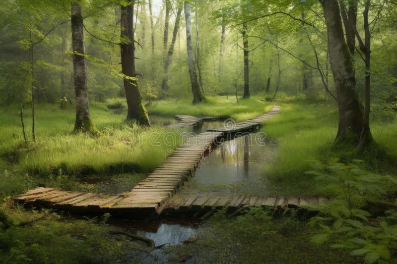 Forest with Duckboards Path and Stream Running through it Stock ...