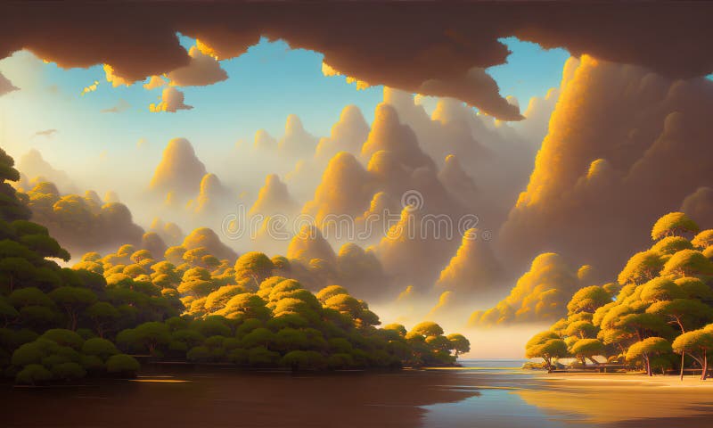 A Forest of Dwarf Trees in the Rays of the Setting Sun Stock ...