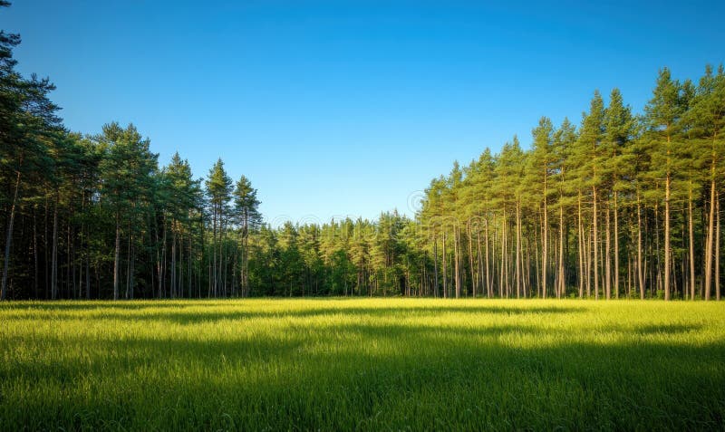 Forest Edge with Sunlit Grass Field and Clear Blue Sky Stock ...